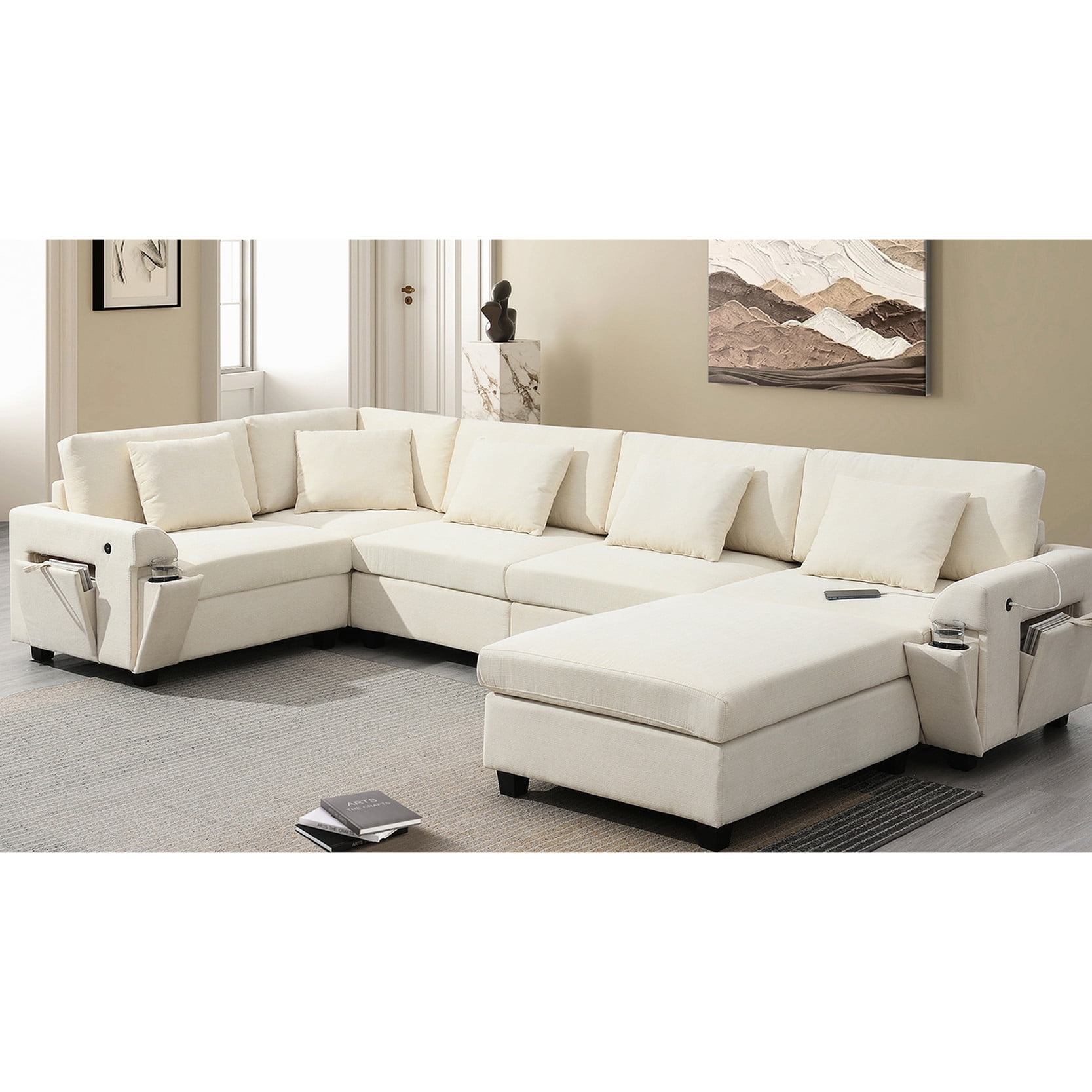 6 Seat U Shaped Chenille Couch with Hidden Armrest Compartments / Tidy ...