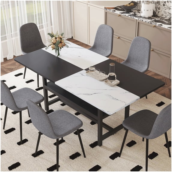 6-Seater Dining Set with Central Storage, White/Black Modern Table and ...