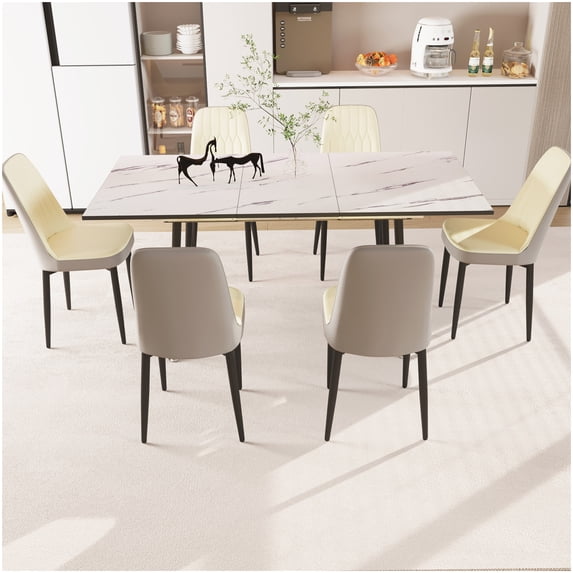 6-Seater Expandable Dining Table Set, MDF Top with PU Fabric Chairs ...
