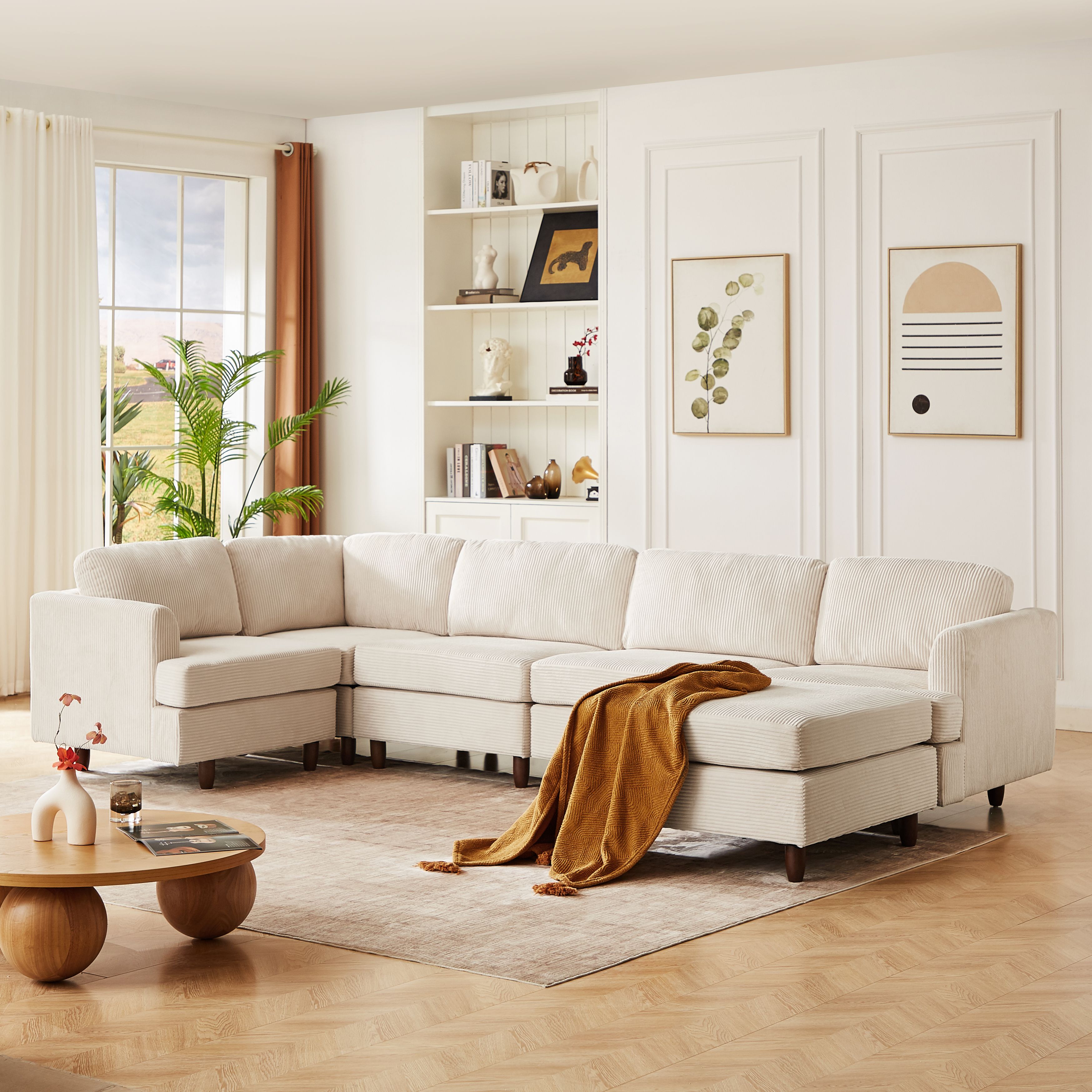 6-Seater Modular Sectional Sleeper Sofa - Modern Upholstered Corduroy ...