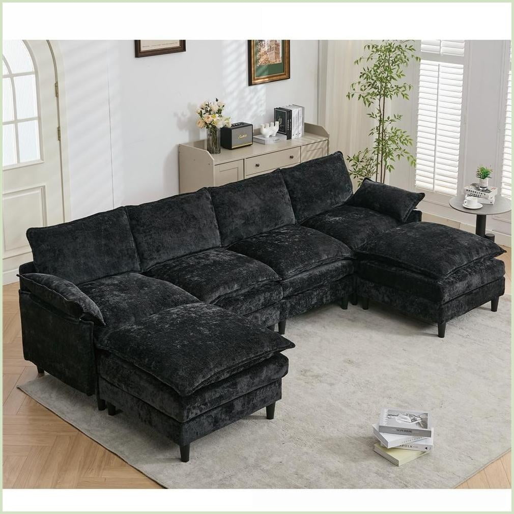 6-Seater Modular U-Shaped Chenille Sofa with 2 Movable Ottomans – Ideal ...