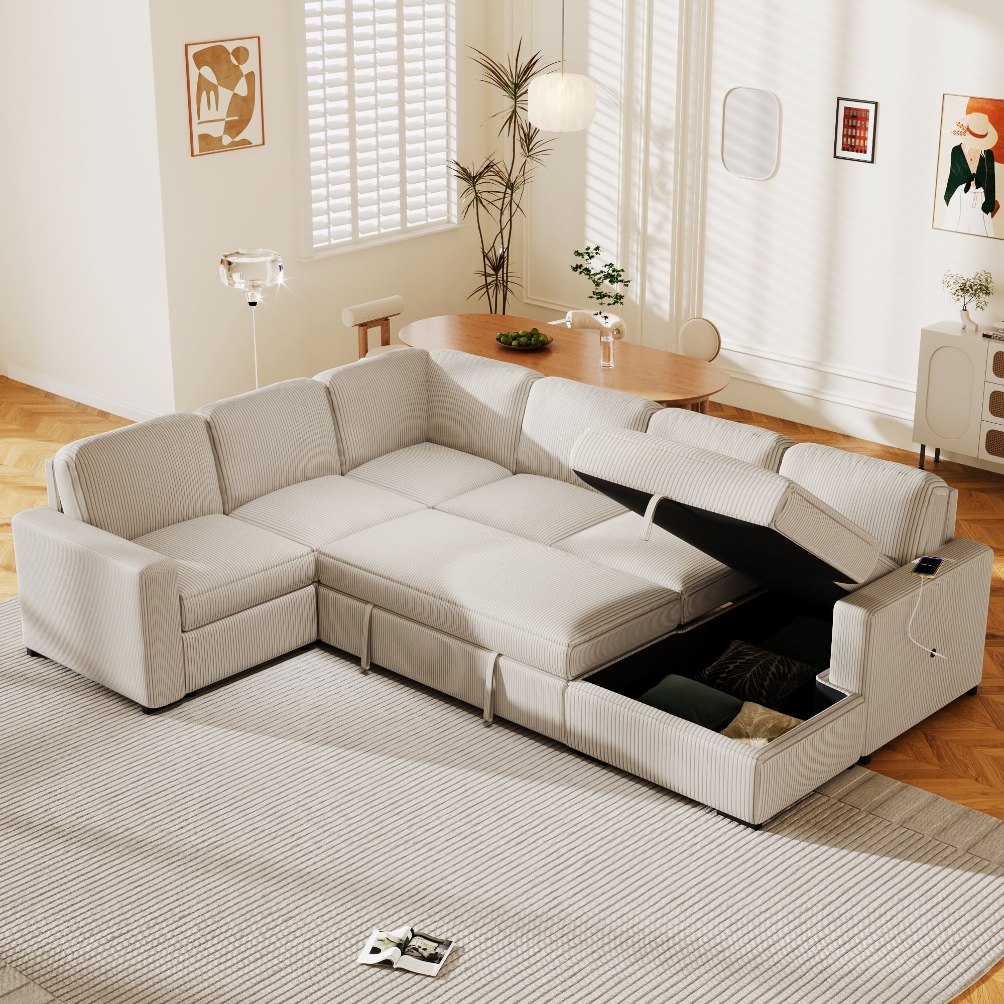 6-Seater Oversized Corduroy U-shaped Sofa with Storage & USB Charging ...