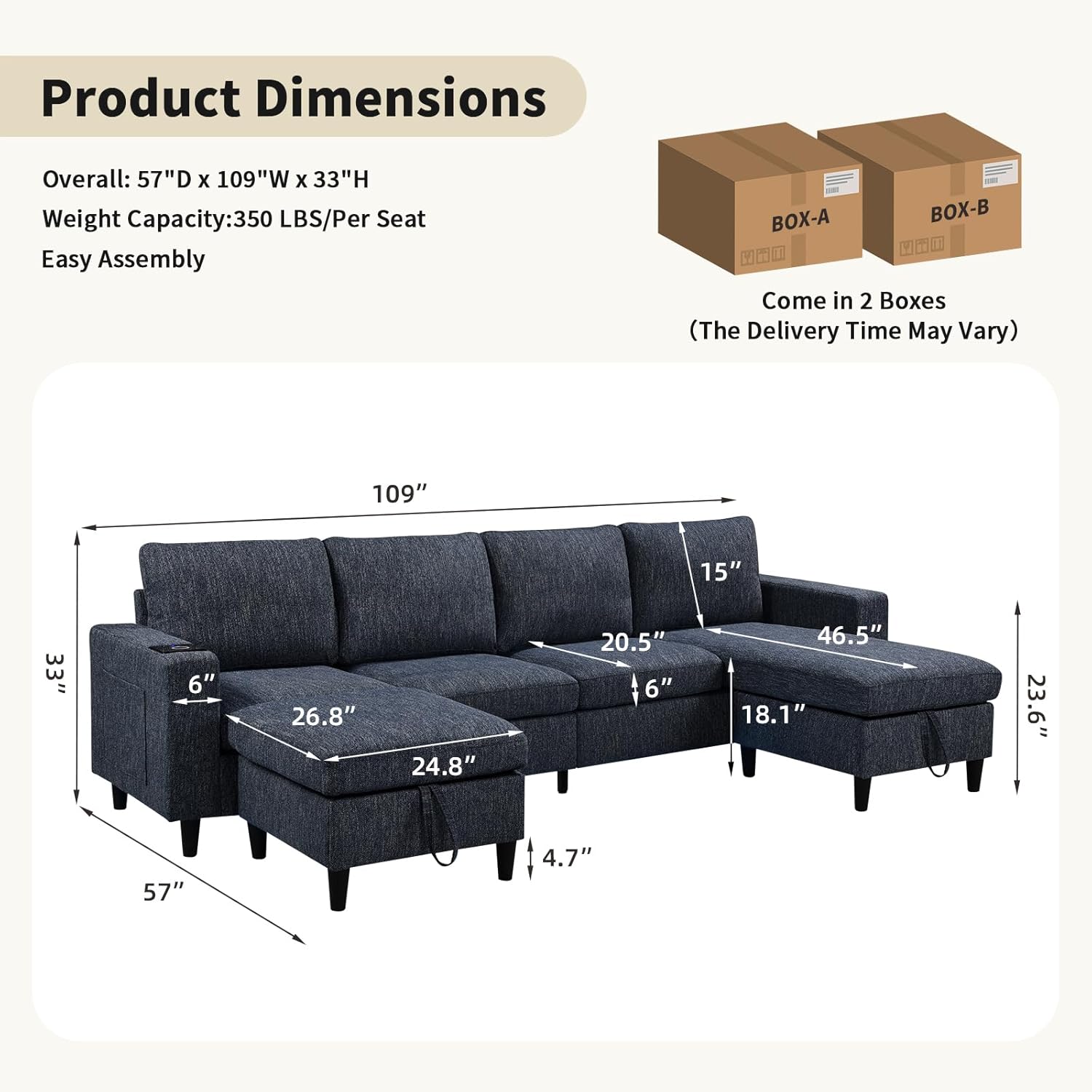6-Seats Soft Linen Fabric Sectional Couch with Storage Ottoman, Modern ...