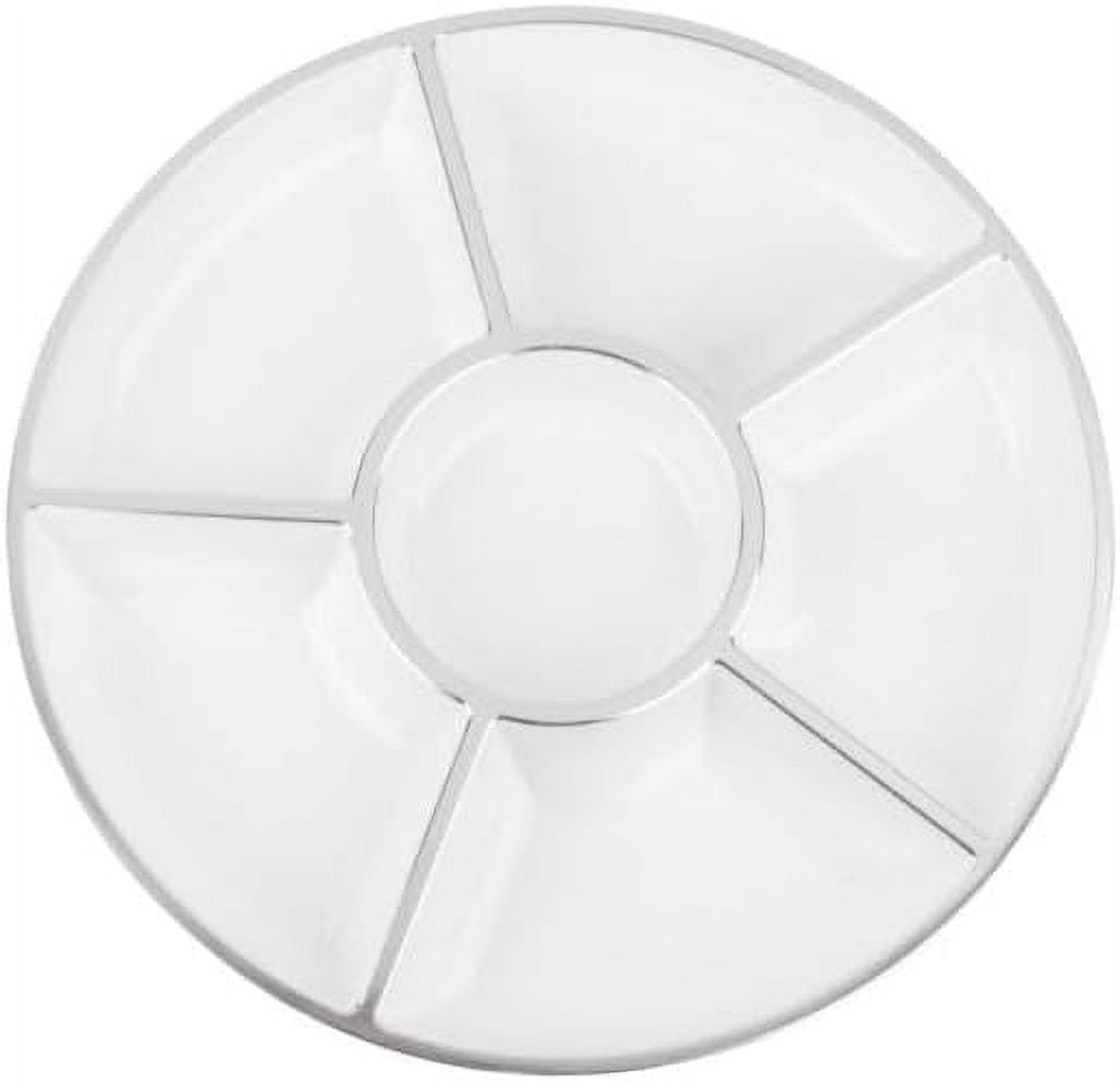 6-Section Divided Round White Tray with Silver Rim – Serving Platter ...