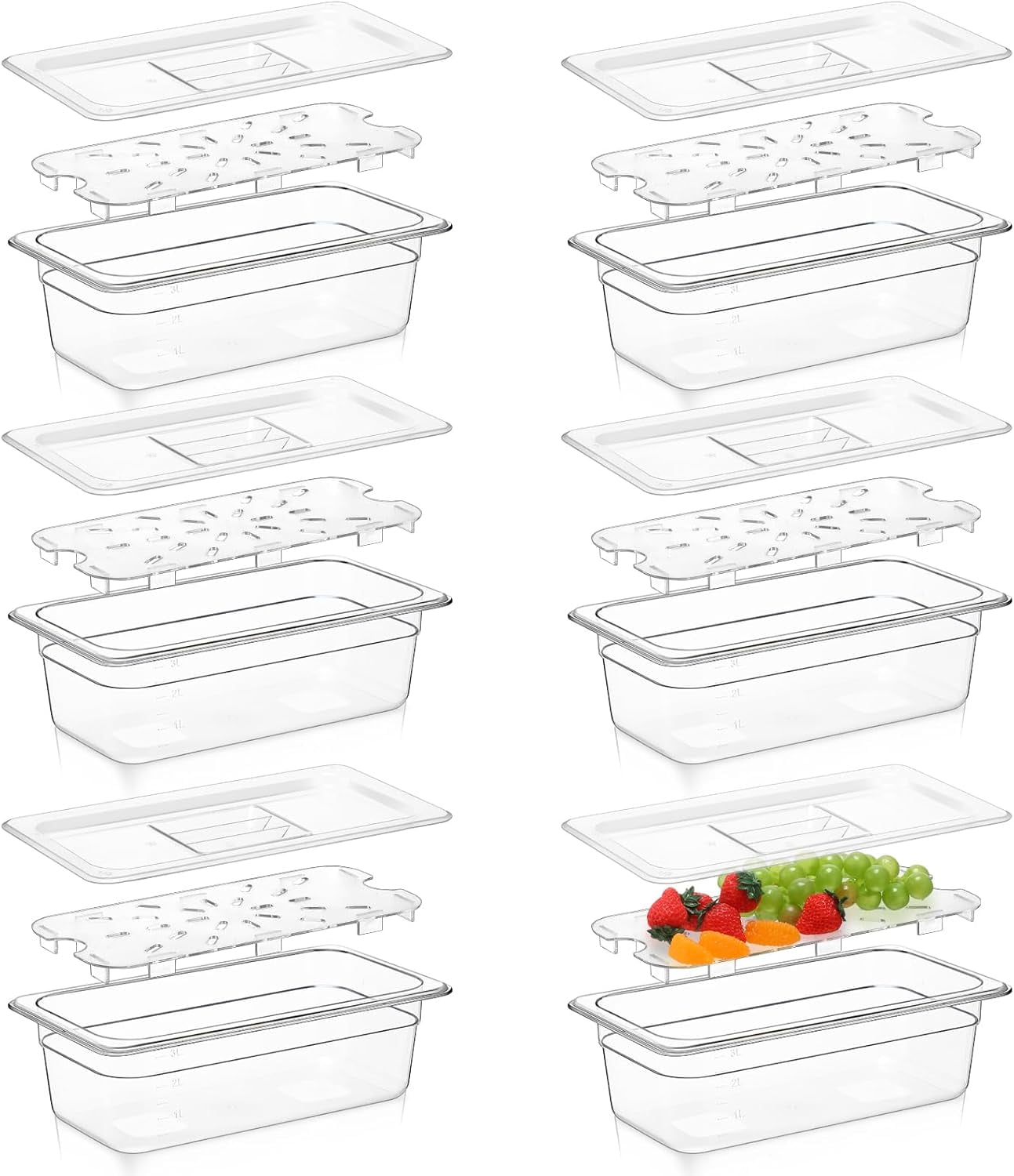 6 Set 1/3 Size Polycarbonate Food Pans with Lids and Drain Shelf Clear ...