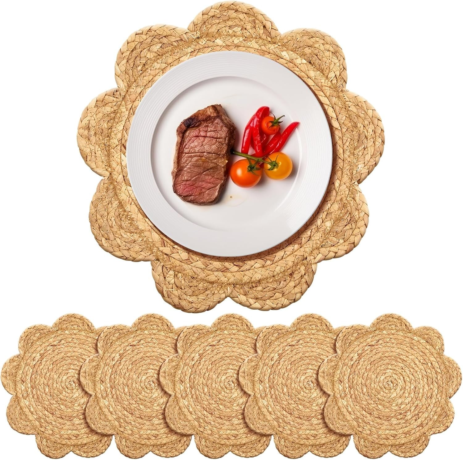 6 Set 13.8" Round Woven Rattan Placemats Plate Chargers, Scalloped Edge ...
