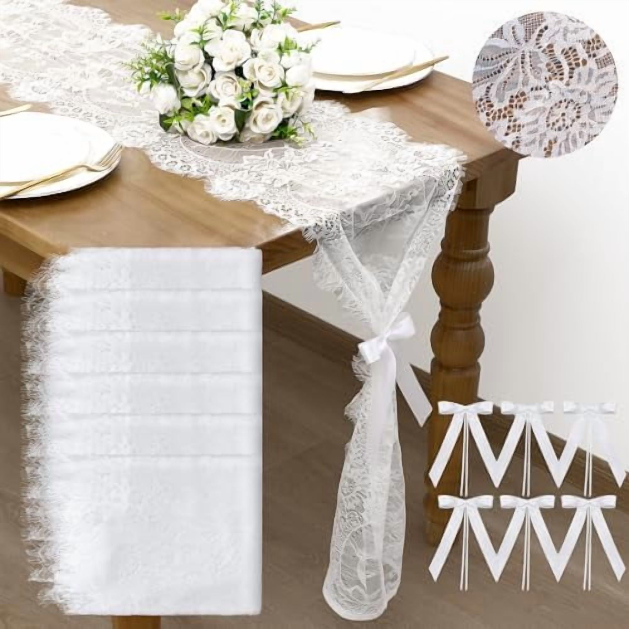 6 Set 14 x 120 Inch White Lace Table Runner with Long Tie Bow Flower ...