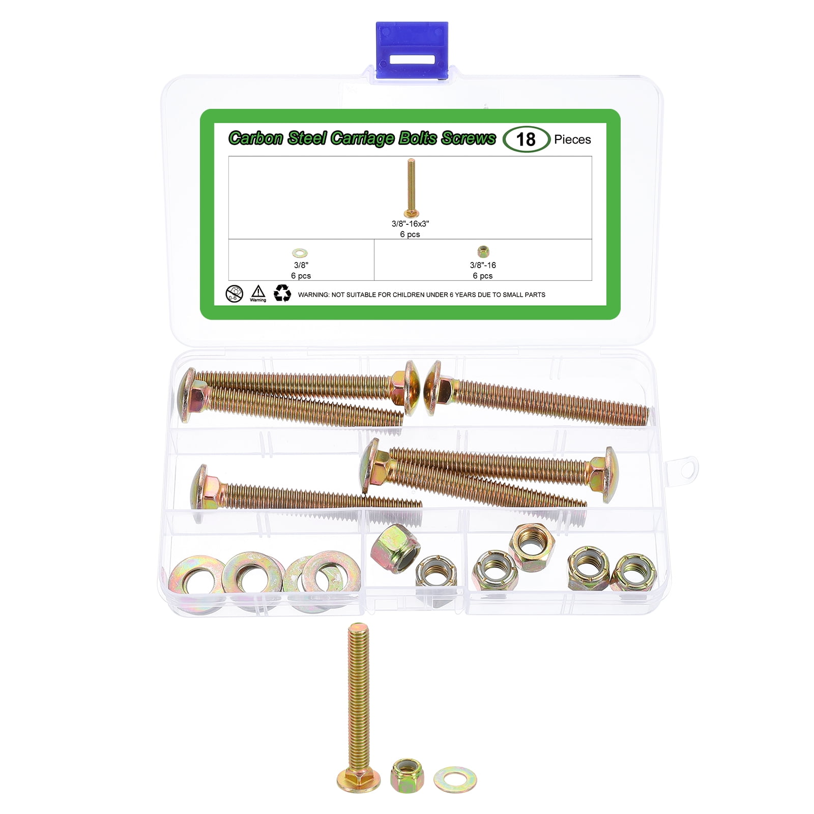 6 Set Carriage Bolts and Nuts Kit, 3/8"-16x3" Carbon Steel Round Head ...