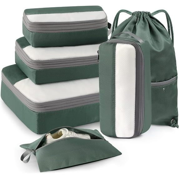 6 Set Compression Packing Cubes for Travel, Bonus Versatile Drawstring ...