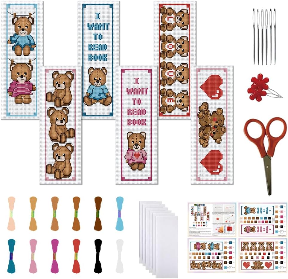 6 Set Cross Stitch Bookmark Kits Stuffed Bear Pattern Stamped Cross ...