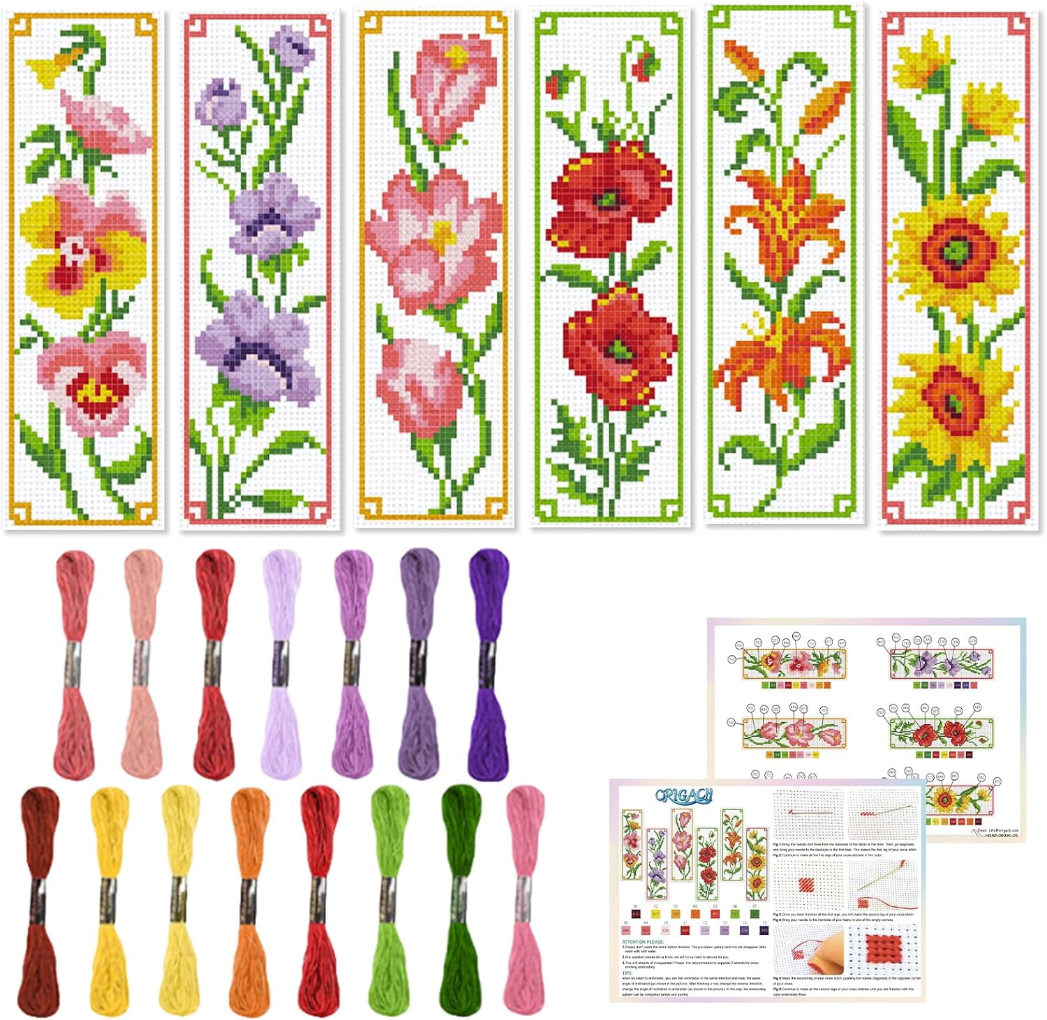 6 Set Flowers Cross Stitch Bookmark Kit for Beginner with Backing Felt ...