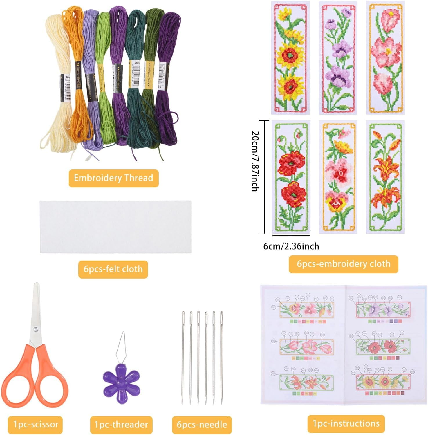 6 Set Flowers Cross Stitch Bookmark Kit for Beginner with Backing Felt ...