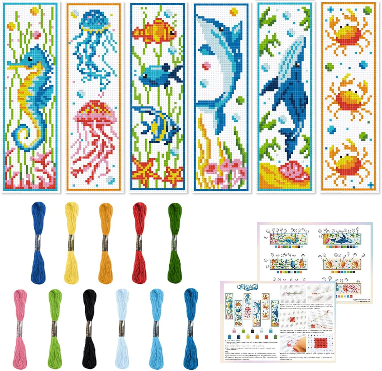 6 Set Marine Animals Cross Stitch Bookmark Kit Beginner with Backing ...