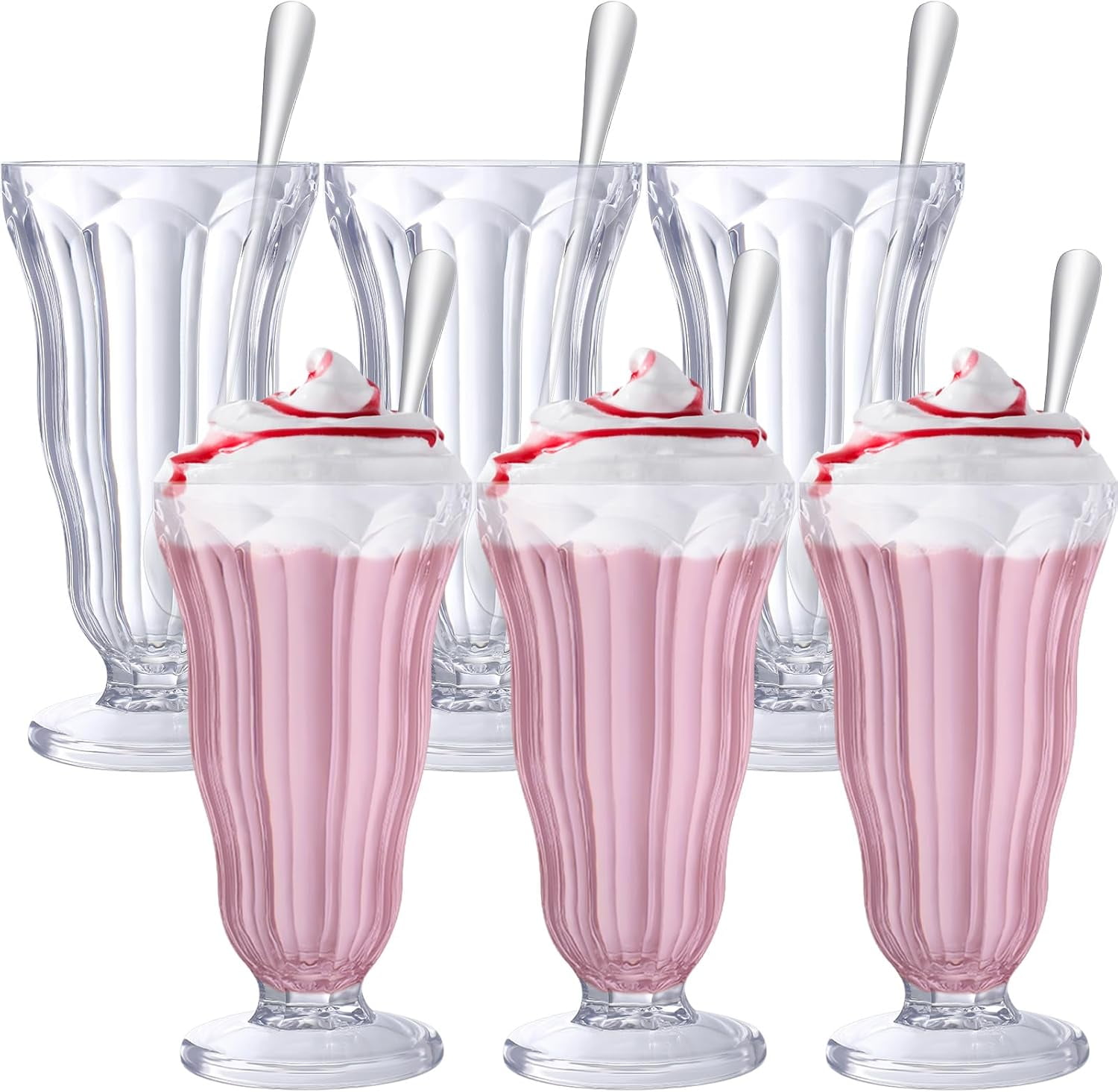 6 Set Milkshake Glass 17 oz Sundae Glasses with Stainless Steel Spoons ...