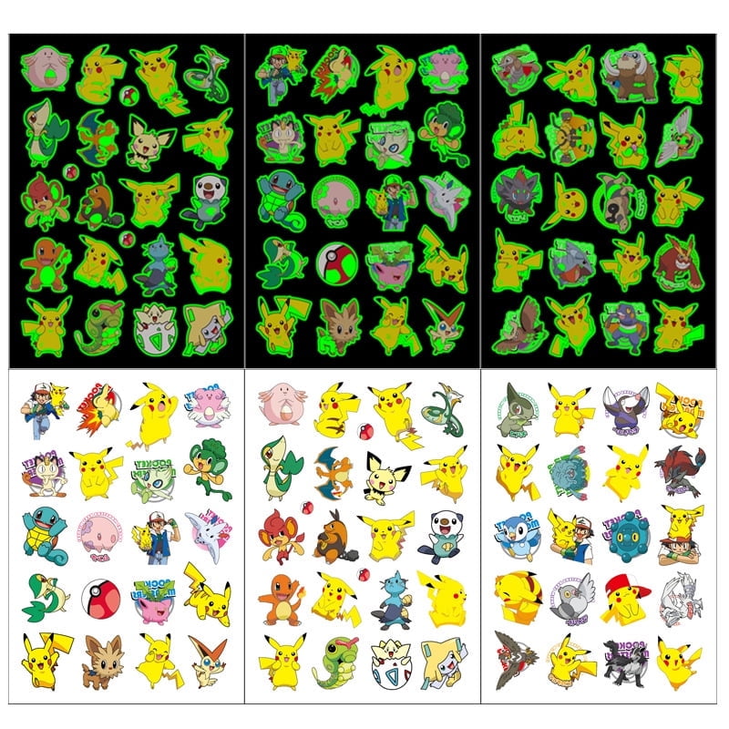 6 Set Pokemon Glow Temporary Tattoo, Fake Tattoos Sticker, Luminous ...