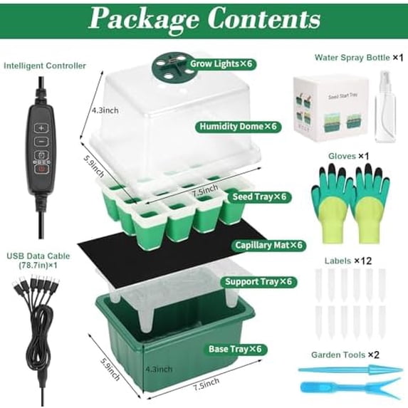 6 Set Self-Watering Seed Starter Tray Kits with Grow Light, Reusable ...