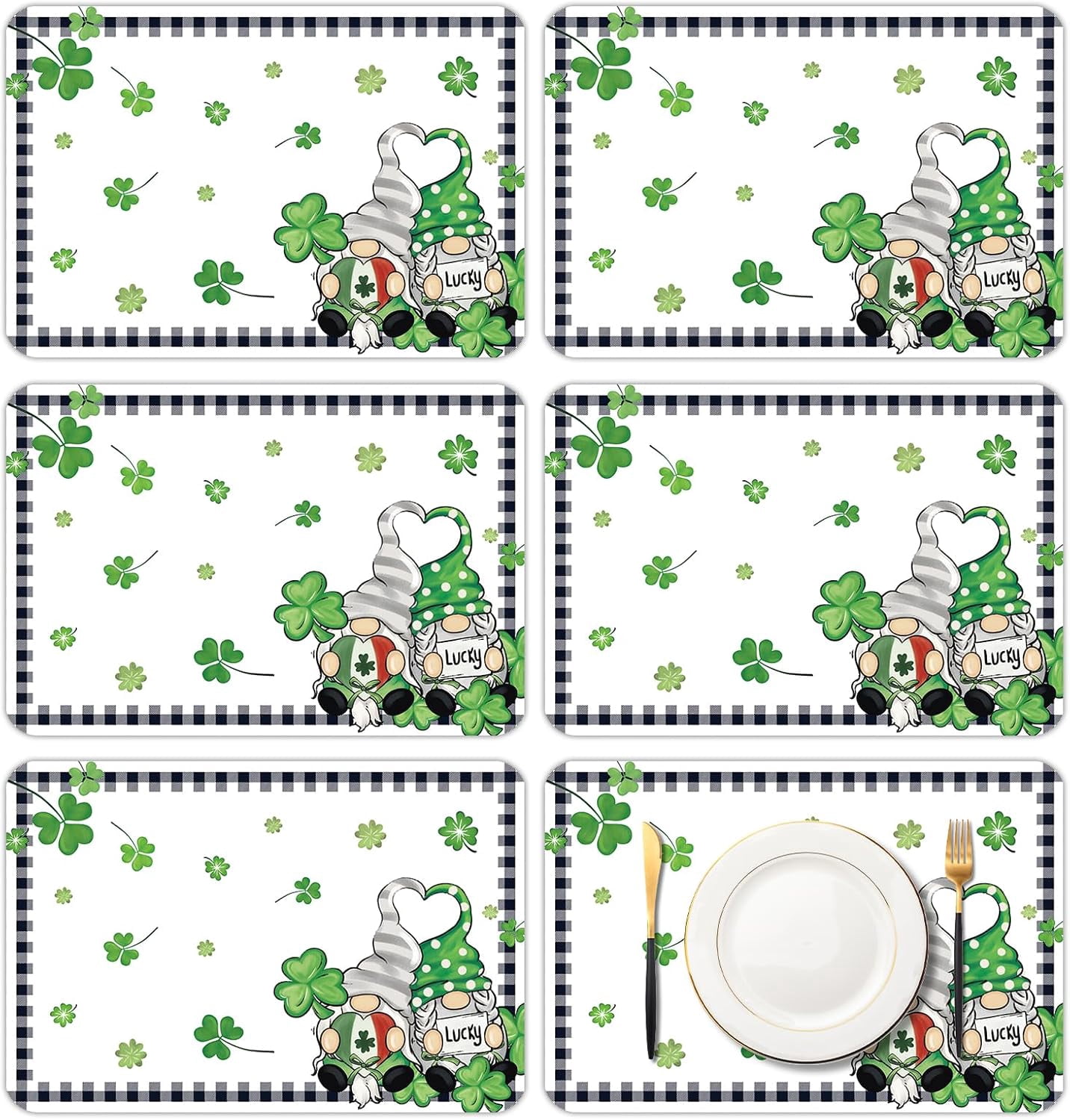 6 Set St Patricks Day Placemats, 11x16 Inch Green Gnome Shamrock ...
