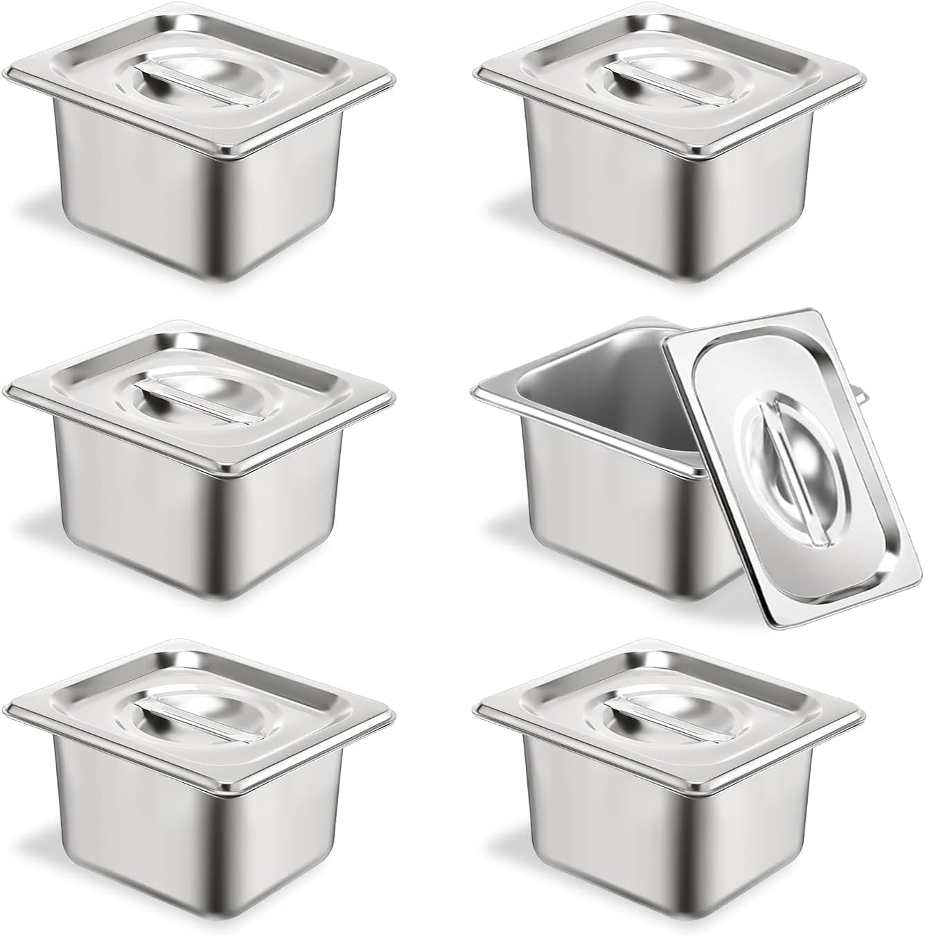 6 Set Stainless Steel Hotel Pans 1/3 Size 6 Inch Deep With Lids, Anti ...