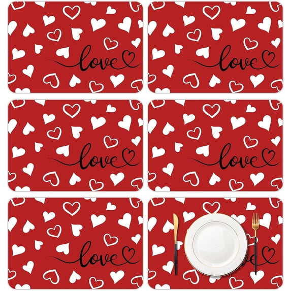 6 Set Valentine''s Day Placemats, 11x16 Inch Red White Heart Love ...