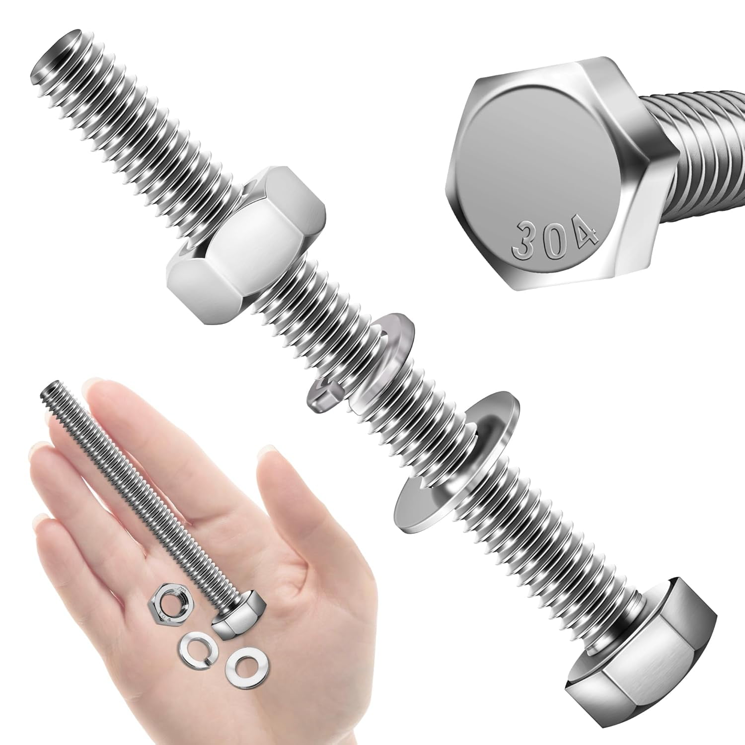 (6 Sets) 3/8-16x2 Hex Head Nuts and Bolts with Flat & Lock Washers, 304 ...