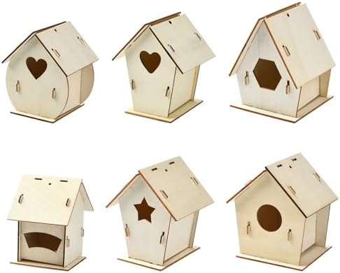6 Sets 6 Styles Wooden Birdhouses Kit Unfinished Blank Wood Mini Bird ...