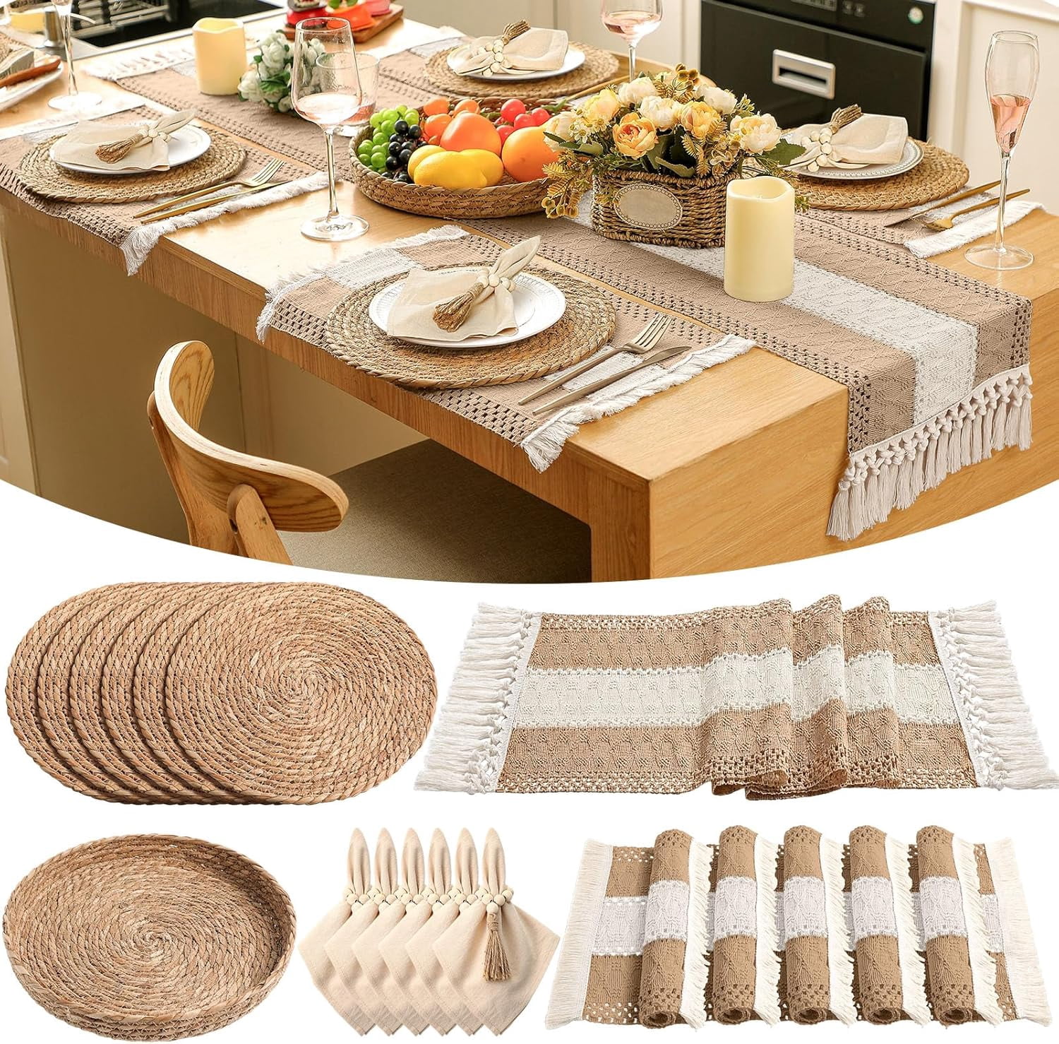 6 Sets Boho Decoration Placemats Round Woven Placemats, Cloth Napkins ...