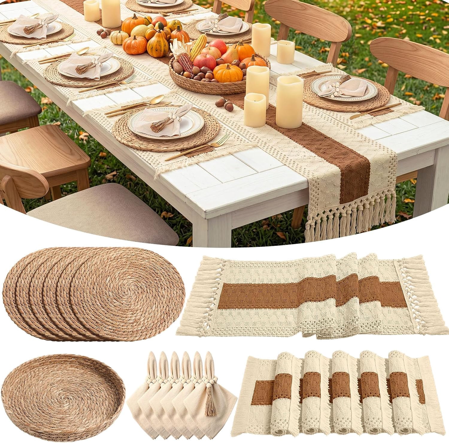 6 Sets Boho Table Runner and Woven Round Placemats Set, Caramel, 12x72 ...