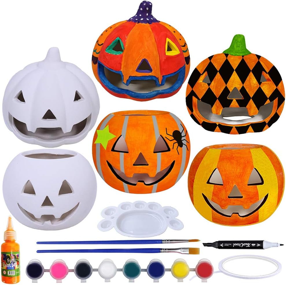 6 Sets DIY Ceramic Pumpkins Jack-o'-Lanterns Figurines Paint Craft Kit ...