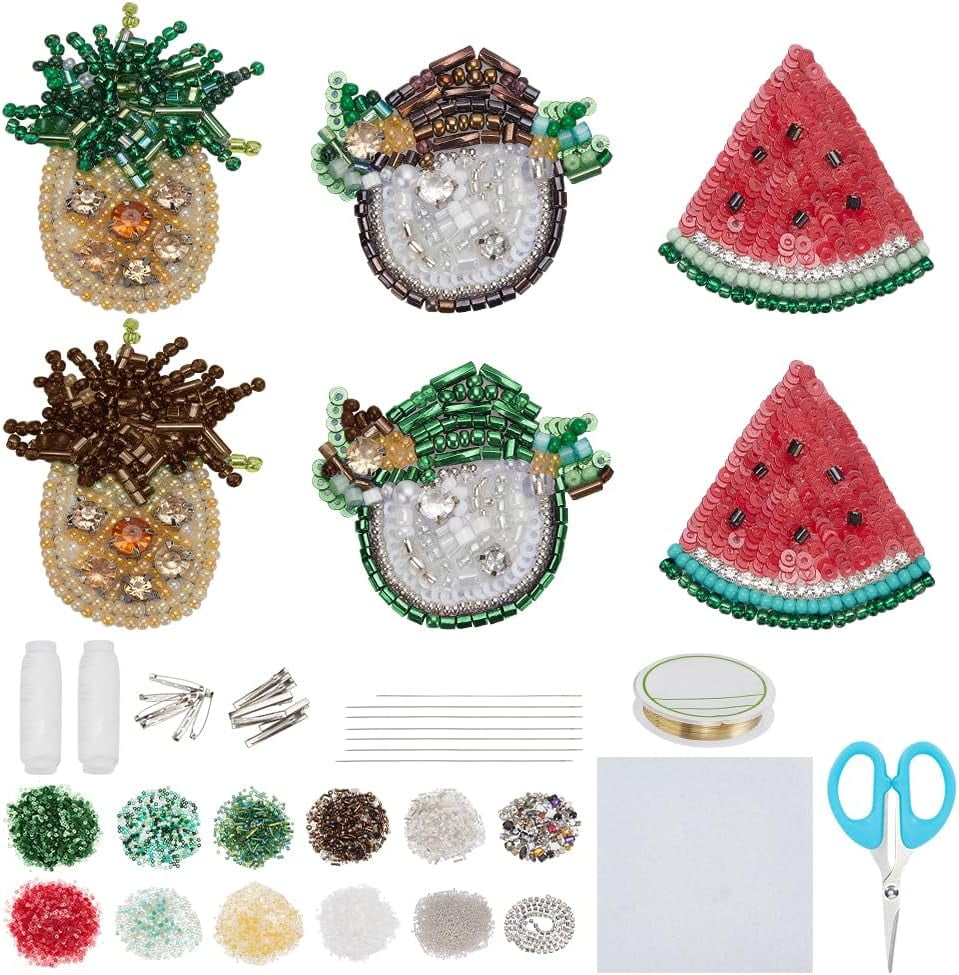 6 Sets DIY Fruit Beaded Patch Kit Brooch Pin Hair Barrette Making Sequin Beaded Patches Sew on ...