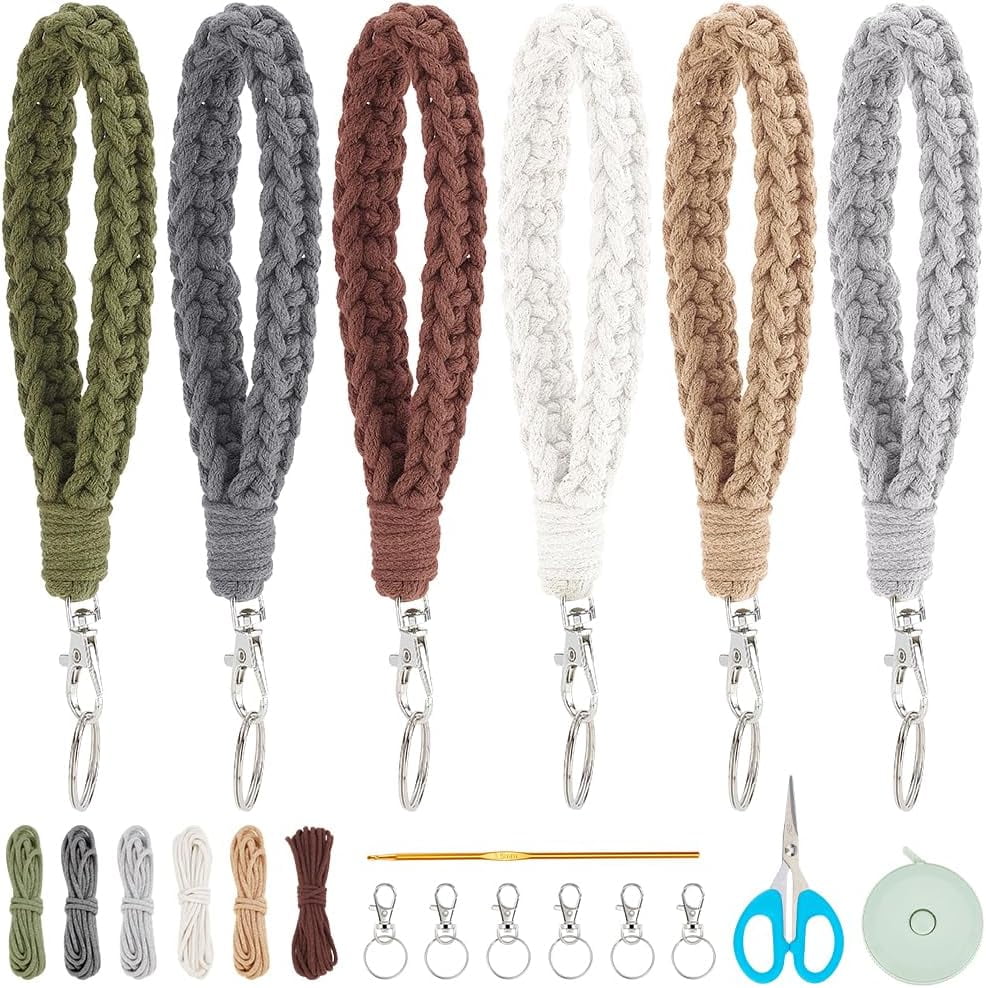 6 Sets DIY Macrame Keychain Kit Woven Macrame Wristlet Kit 6 Colors ...