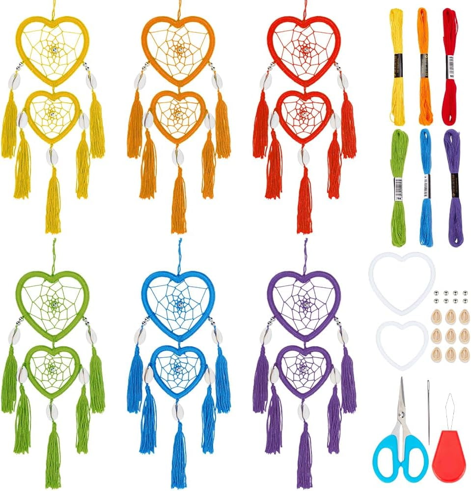 6 Sets Double Heart Dream Catchers Kit Rainbow Dream Catcher Kit for ...