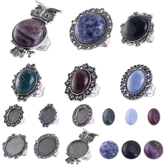 6 Sets Gemstone Cabochon Ring Kit Adjustable Ring Blanks Healing Energy ...