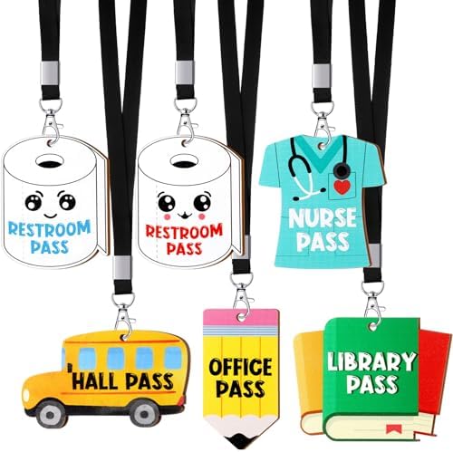 6 Sets Hall Pass Lanyards and School Passes Set Unbreakable Wooden ...
