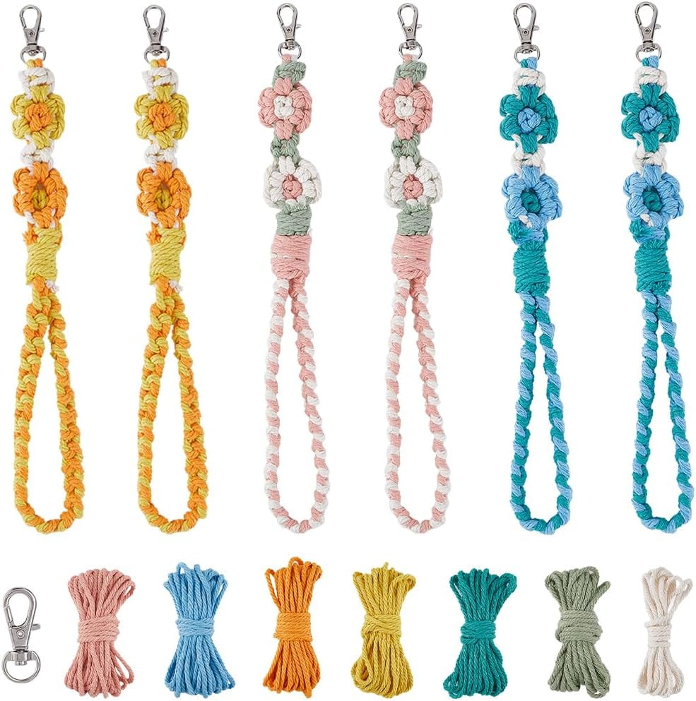 6 Sets Keychain Making Kit Macrame Keychain Kit Flower Wristlet ...