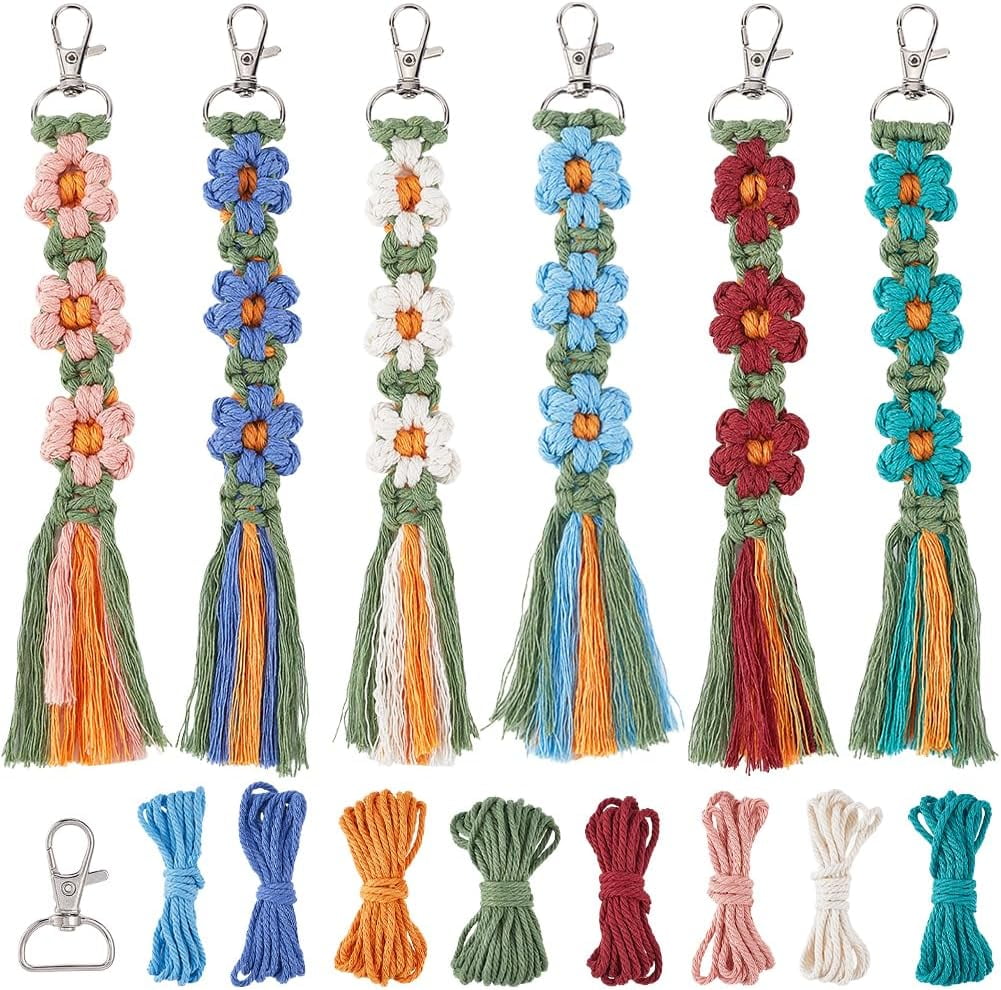 6 Sets Keychain Making Kits Macrame Keychain Kit Daisy Flower Keychain ...