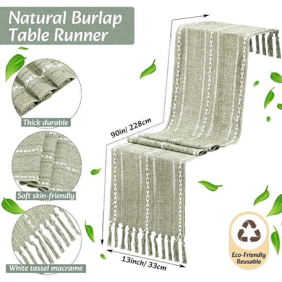 6 Sets Round Woven Placemats with Green Table Runner Cotton Linen ...