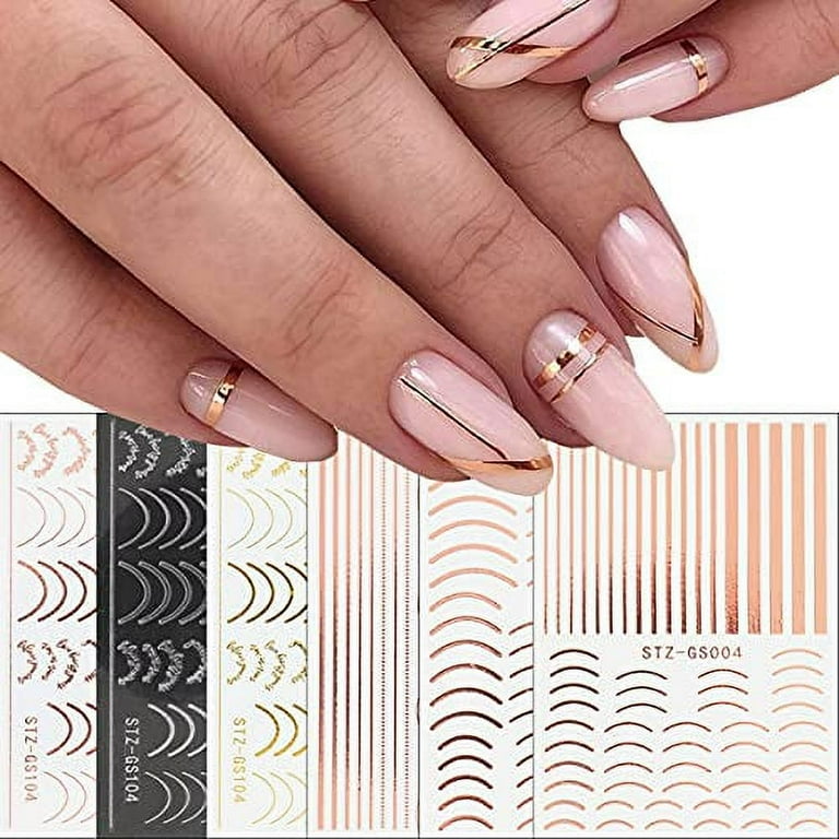 6 Sheet Gold French Fashion Line Nail Art Stickers Decals 3D Self Adhesive Nail Decals Gold Line Silver Line Nail Decorative Stickers Nails Art Design Nail Supply Nail Art Luxury Gold Nail Decals