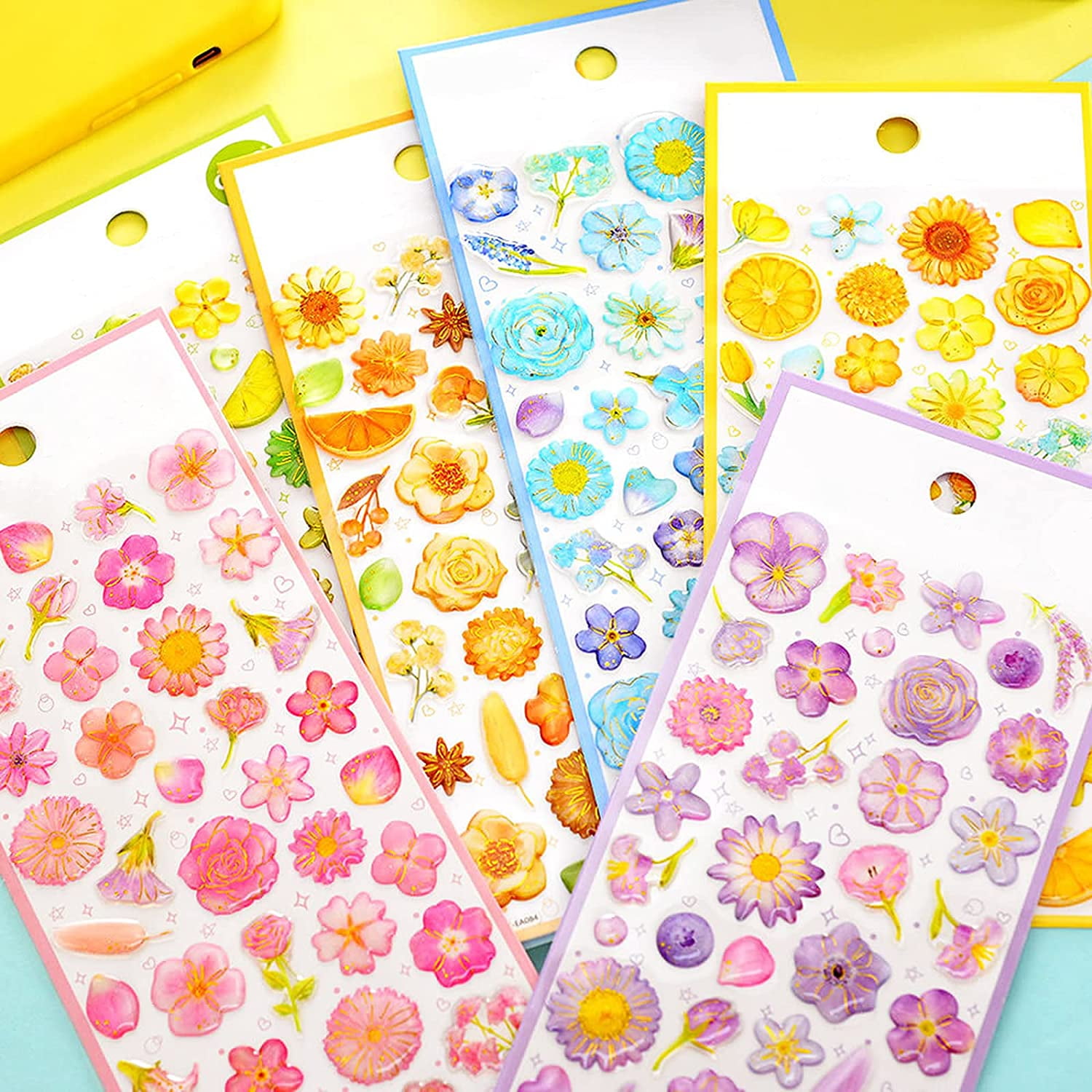 6 Sheets 3D Flower Stickers for Kids Girls, Crystal Glitter Floral ...