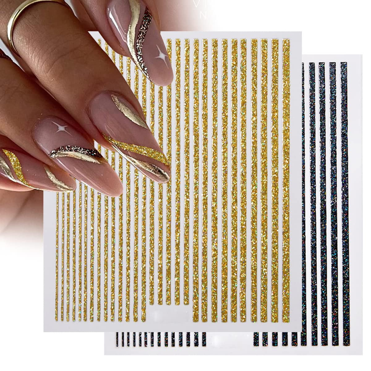 6 Sheets 3D Glitter Lines Stickers Gold Art Stickers Metallic Supplies ...