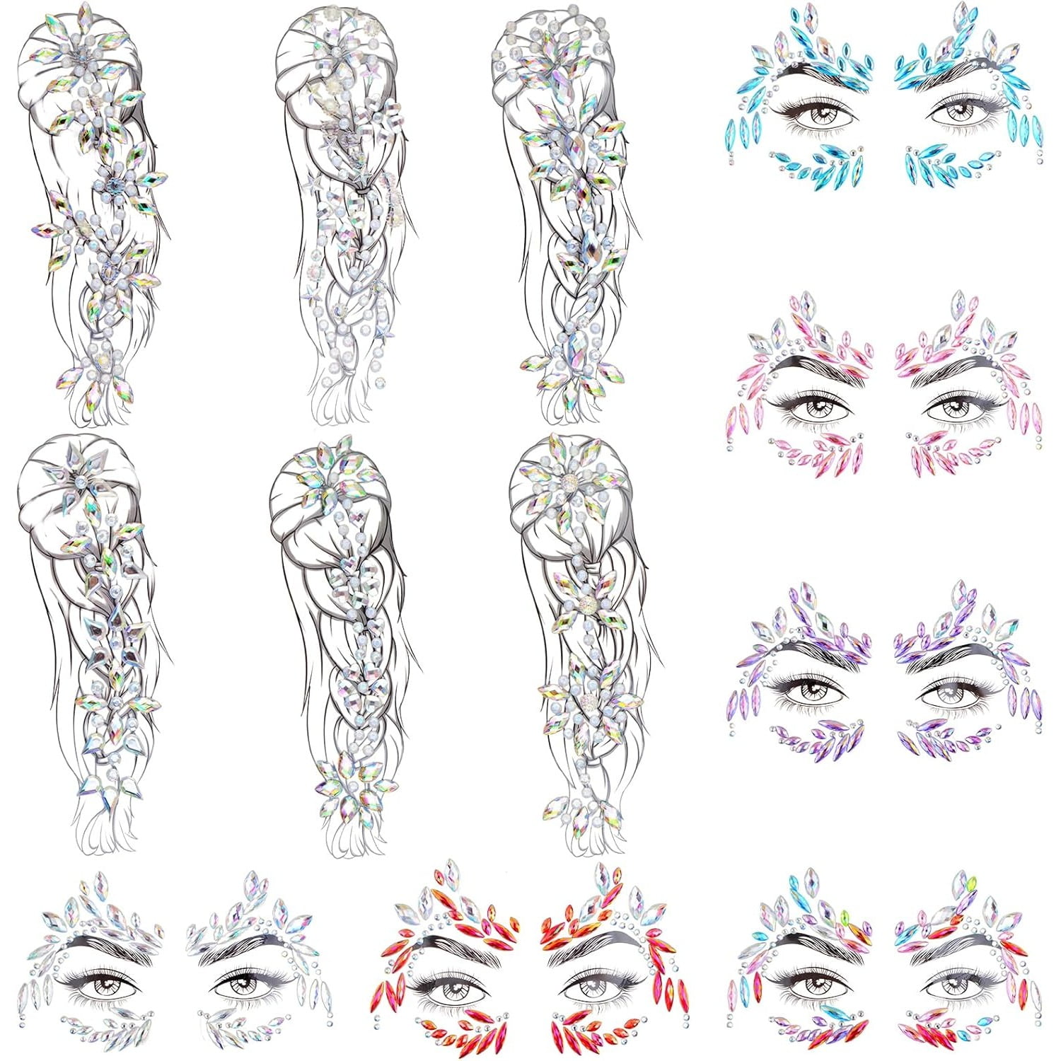 6 Sheets Acrylic Colorful Face Jewels Stickers and 6 Sheets Hair Gems ...