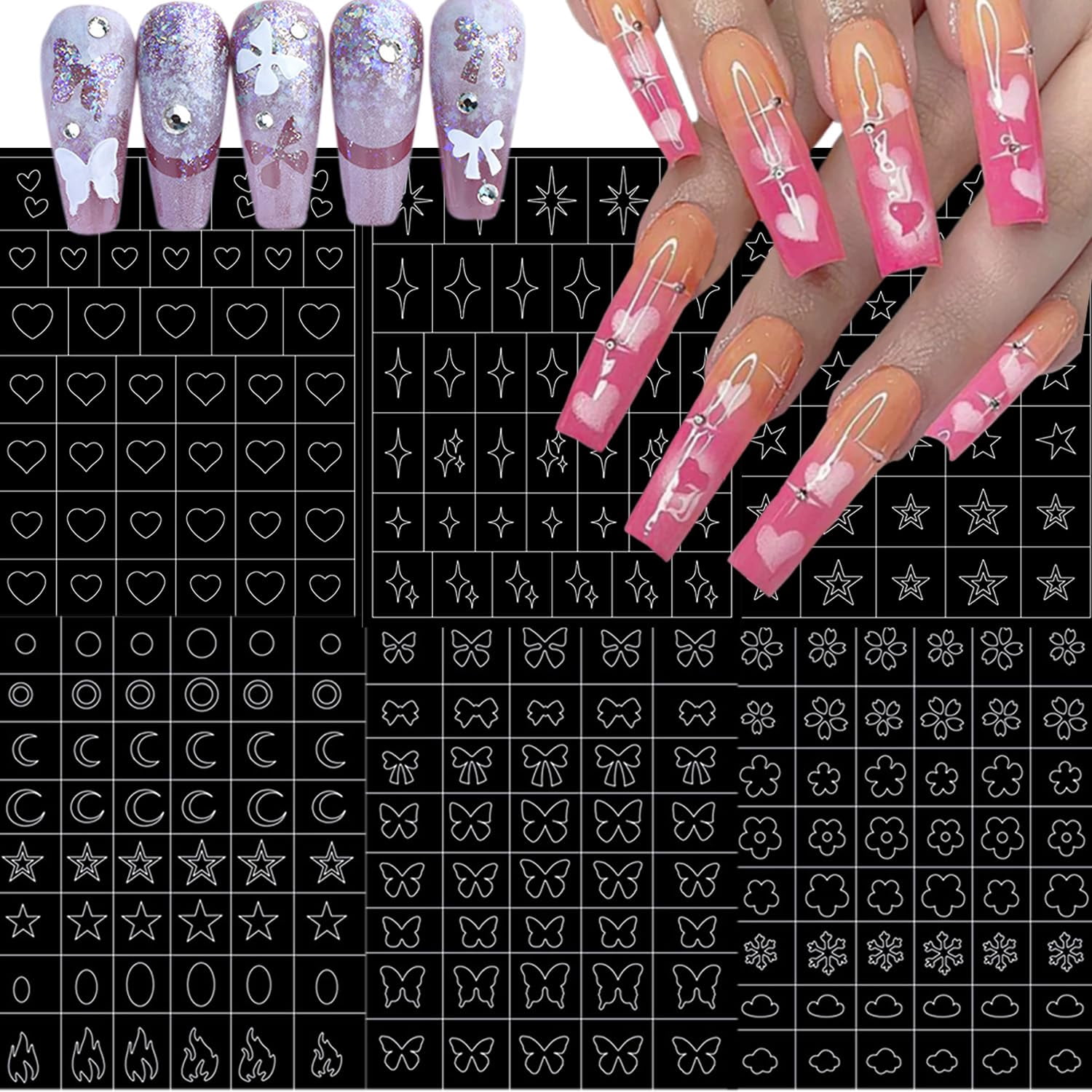 6 Sheets Airbrush Stencils Nail Stickers 3D Heart Flame Star Butterfly ...