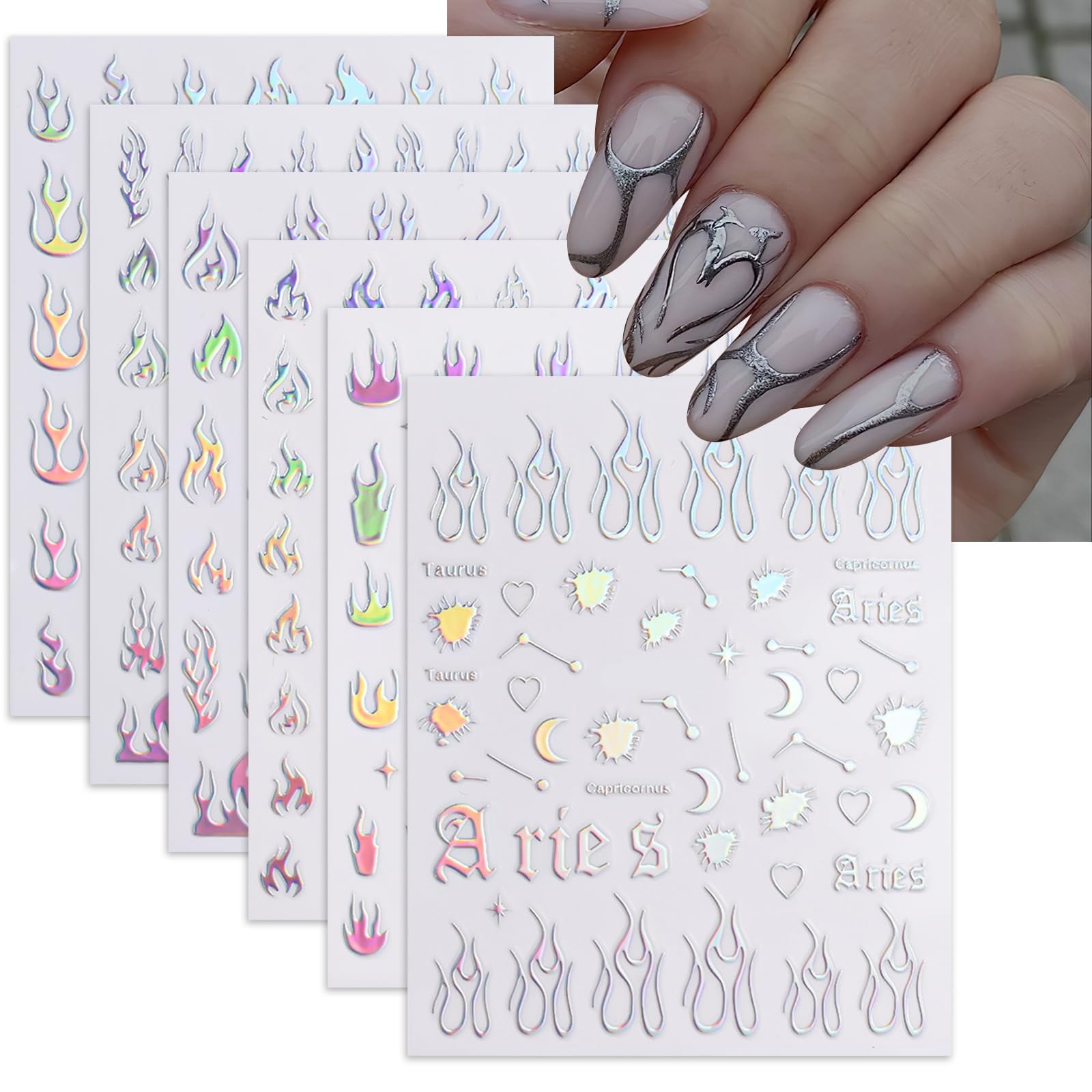 6 Sheets Aurora Flame Stickers Laser Flame Decals 3D Self Adhesive ...