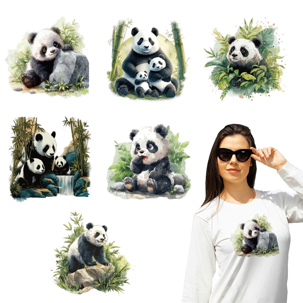 6 Sheets Cartoon Panda Iron on Stickers Watercolor Panda with Bamboo ...