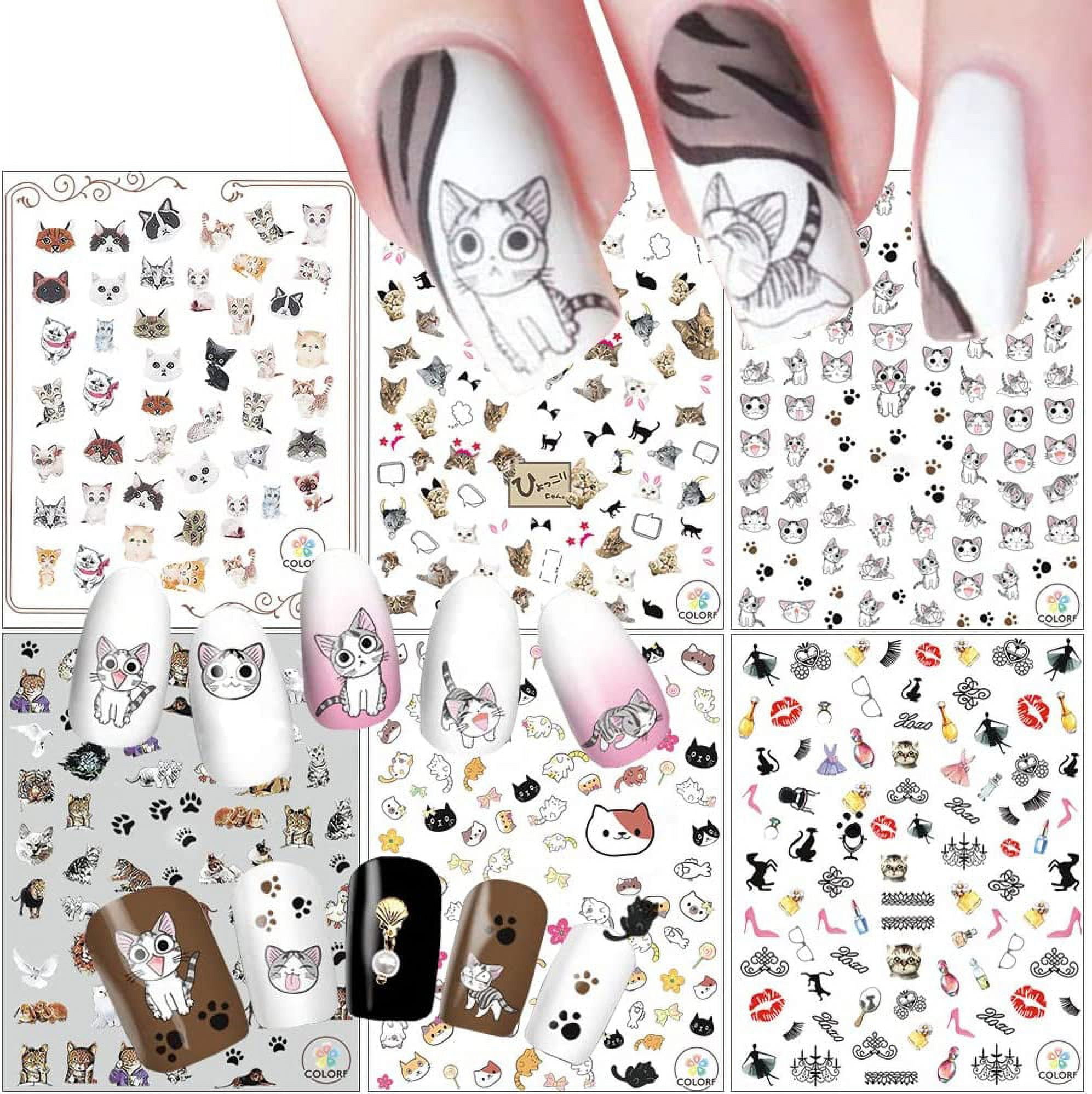 6 Sheets Cute Cat Nail Art Stickers Cartoon Nail Decals 3D Nail Art ...