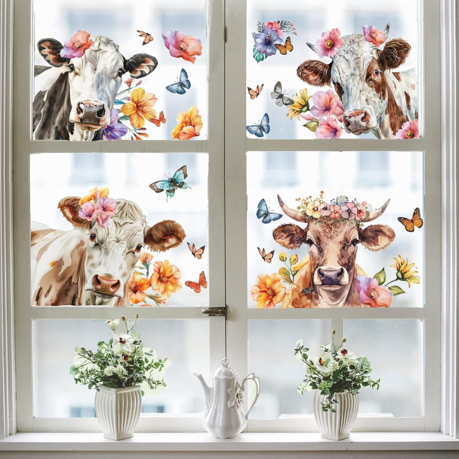 6 Sheets Cute Cow Window Clings Floral Cow Window Stickers Butterfly ...