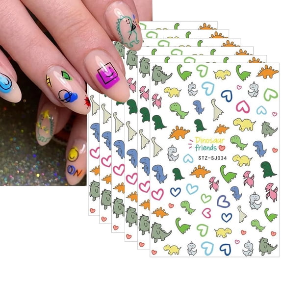 6 Sheets Cute Dinosaur Nail Stickers 3D Cartoon Self-Adhesive Nail ...