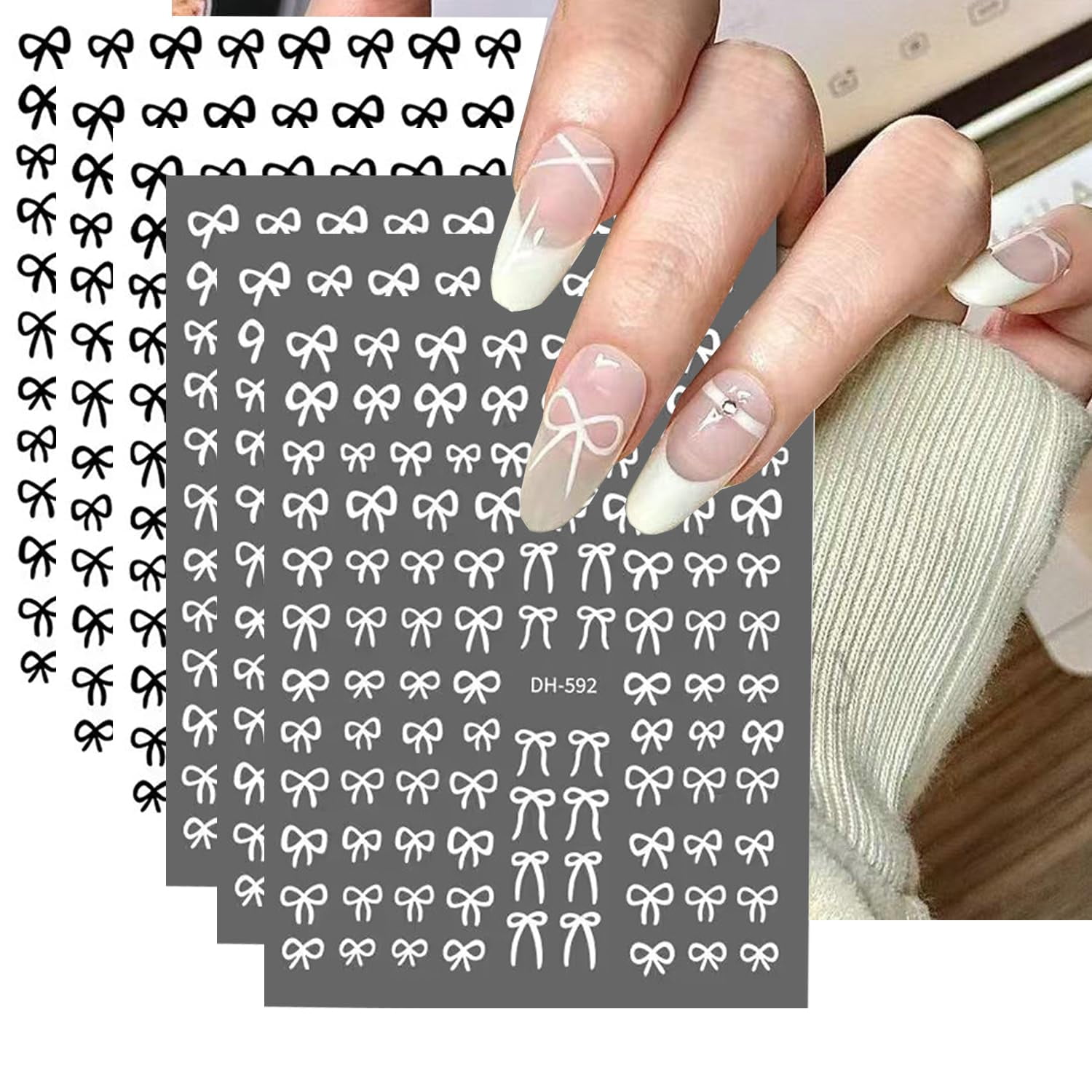 6 Sheets Designer Nail Art Stickers French Nail Decals Black White Bow ...
