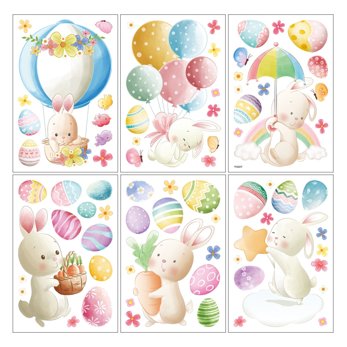 6 Sheets Easter Bunny Window Clings Cartoon Egg Stickers Cute ...