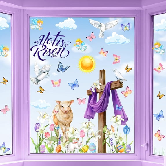 6 Sheets Easter Window Stickers He is Risen Window Clings Religious ...