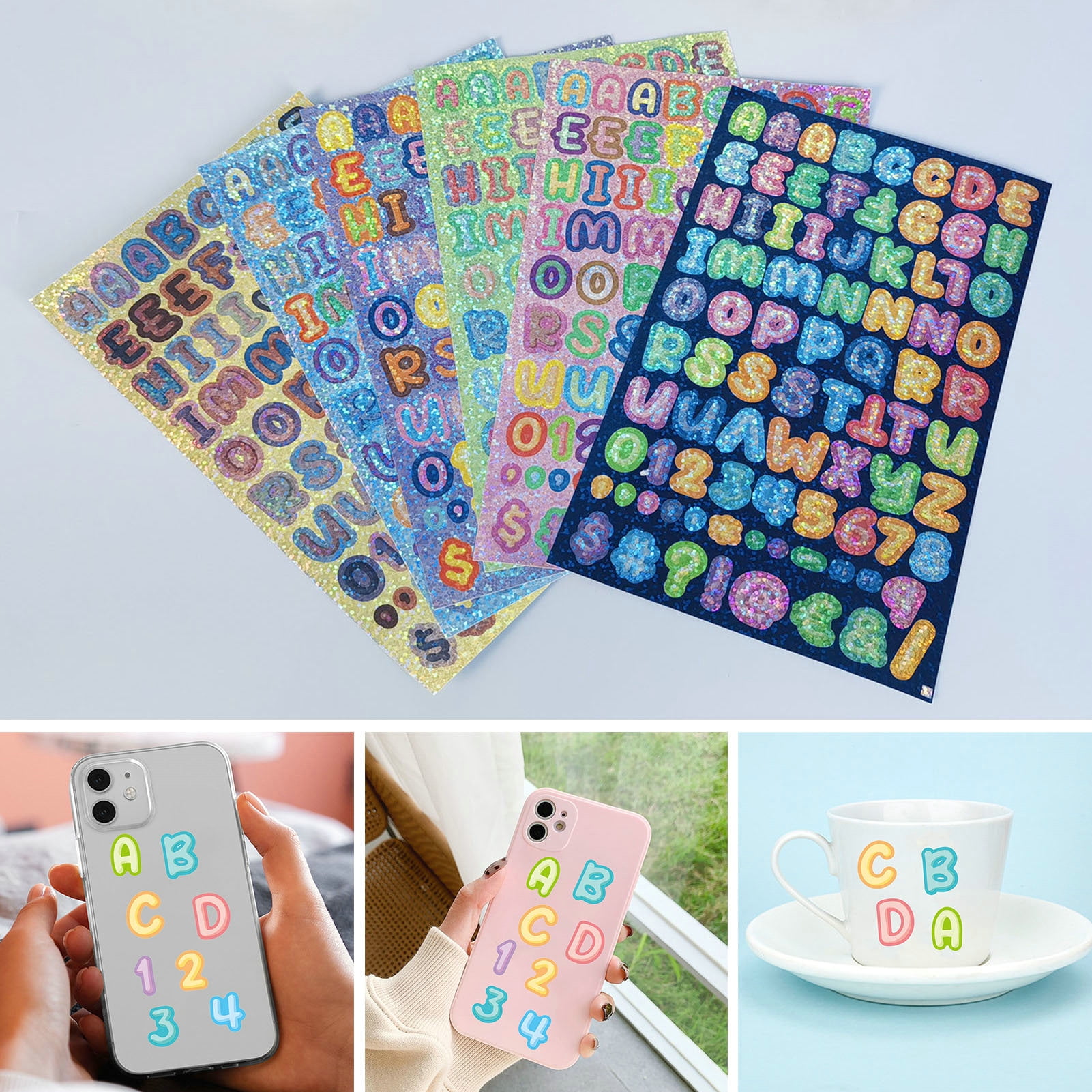 6 Sheets English Letter Sticker Self-adhesive Vinyl Iridescent Colorful ...
